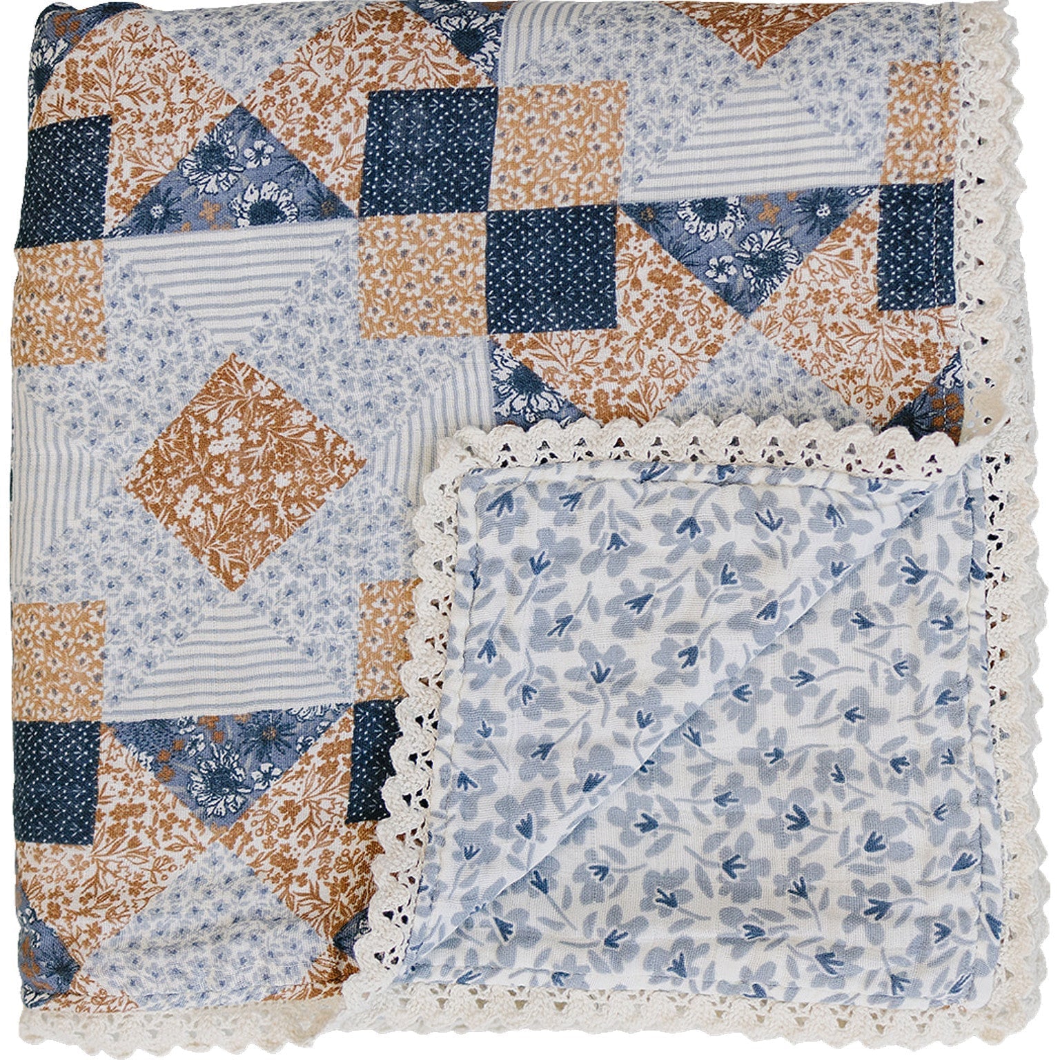 Patchwork Print + Blue Blossom Lace Muslin Quilt – Desert Down Ranch Wear